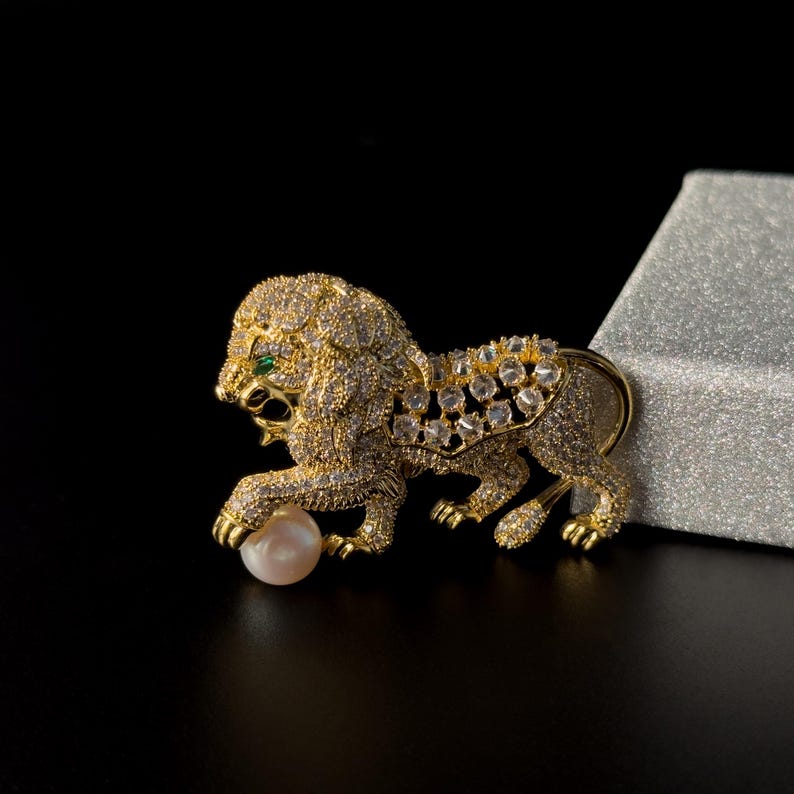 Golden Lion and Pearl Brooch, a Luxurious and Versatile Brooch Filled ...