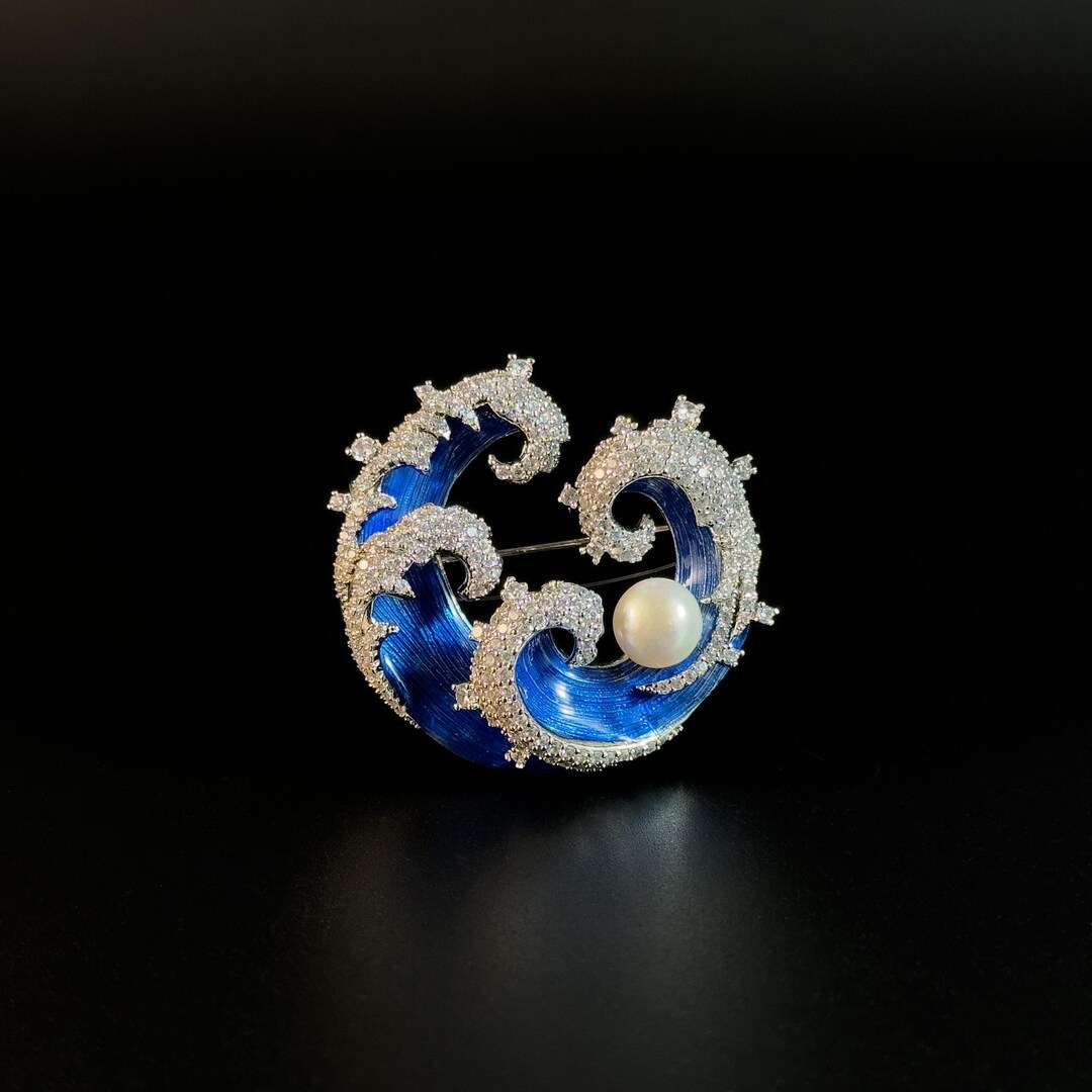 Blue Enamel Wave and Pearl Brooch, Heavy-duty Crystal and Pearl Wave ...