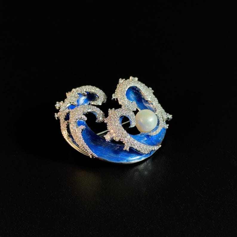 Blue Enamel Wave and Pearl Brooch, Heavy-duty Crystal and Pearl Wave ...