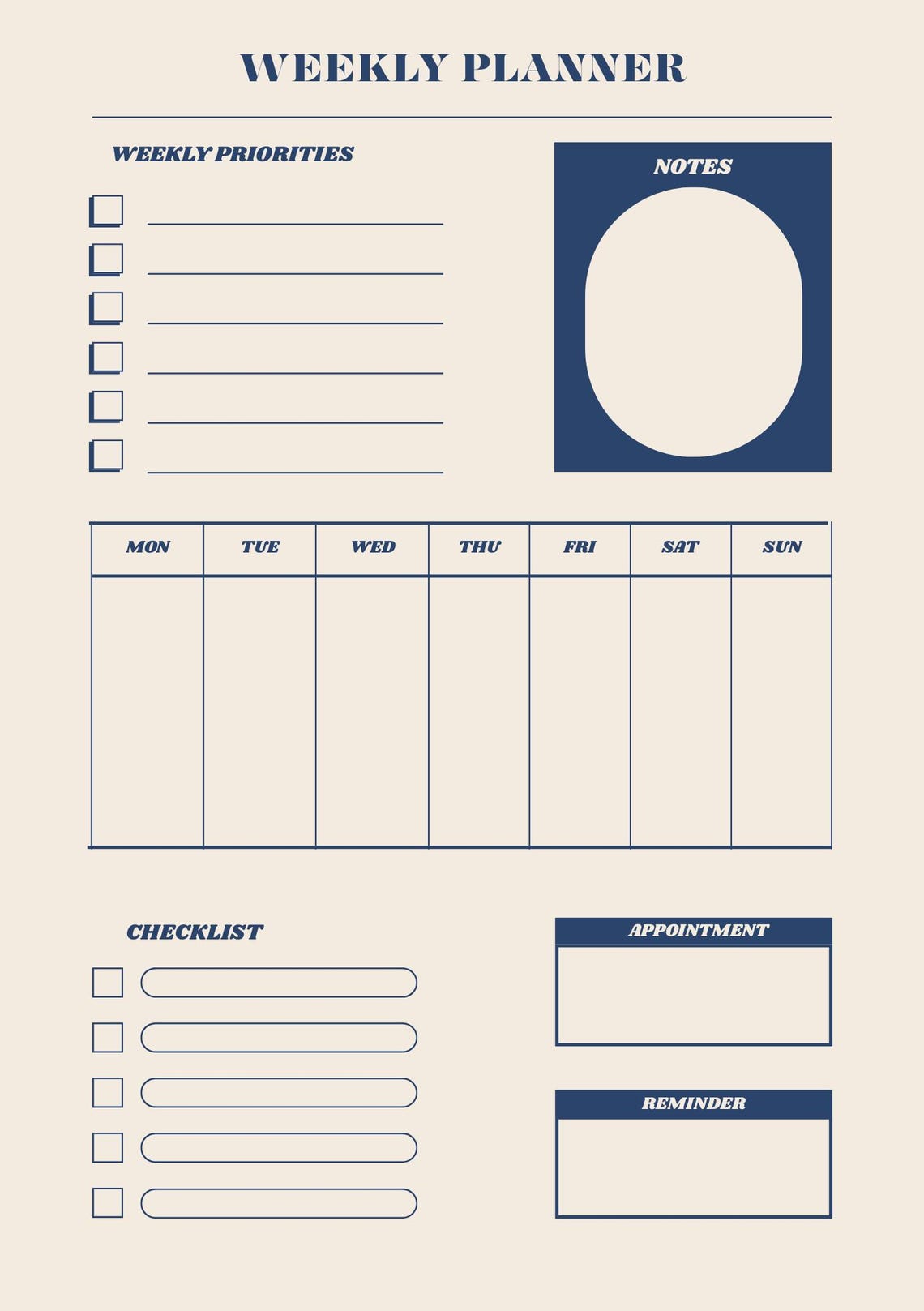 Weekly Planner Template | Aesthetic Blue & Cream Digital Download ...
