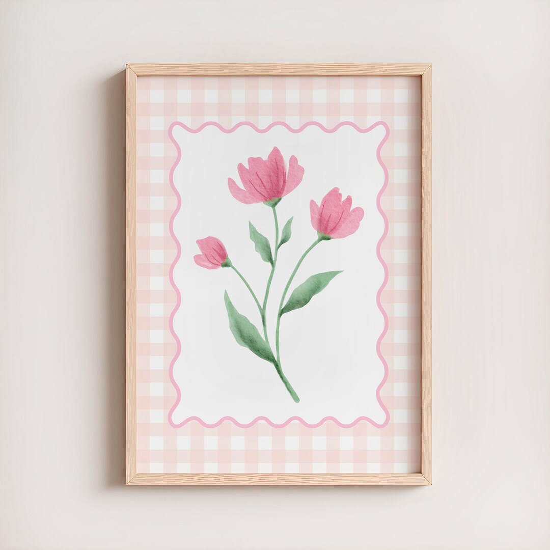 Light Pink Gingham Floral Print: Spring Flowers Printable Wall Art ...