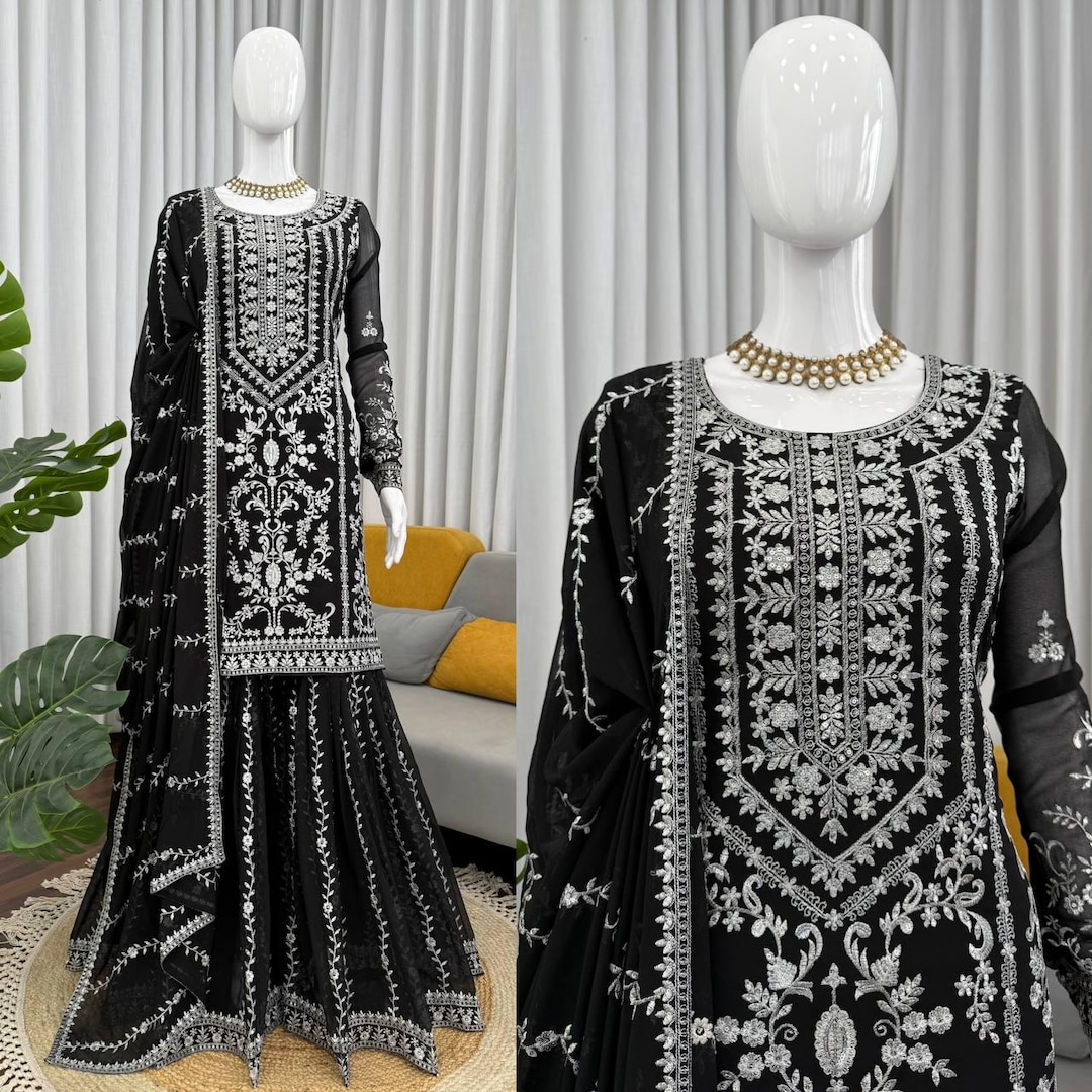 Elegant Black Gharara Suit With White Embroidery - Etsy