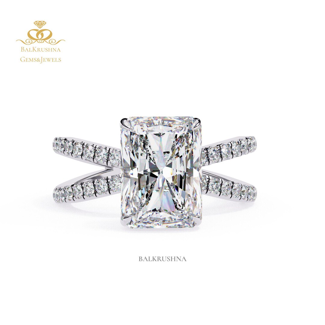 Radiant Cut Moissanite Engagement Ring: Crown Setting, Split Shank Pavé ...