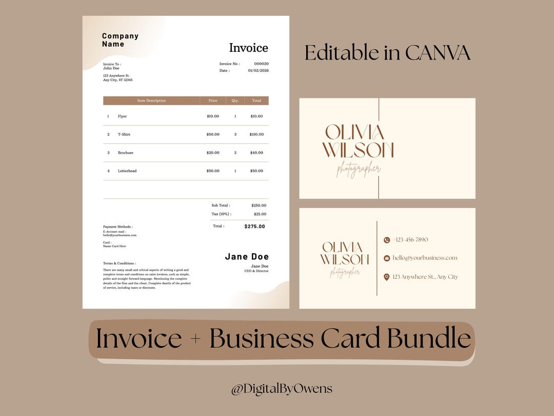 Invoice and Business Card Template Bundle Editable Modern Business Card ...