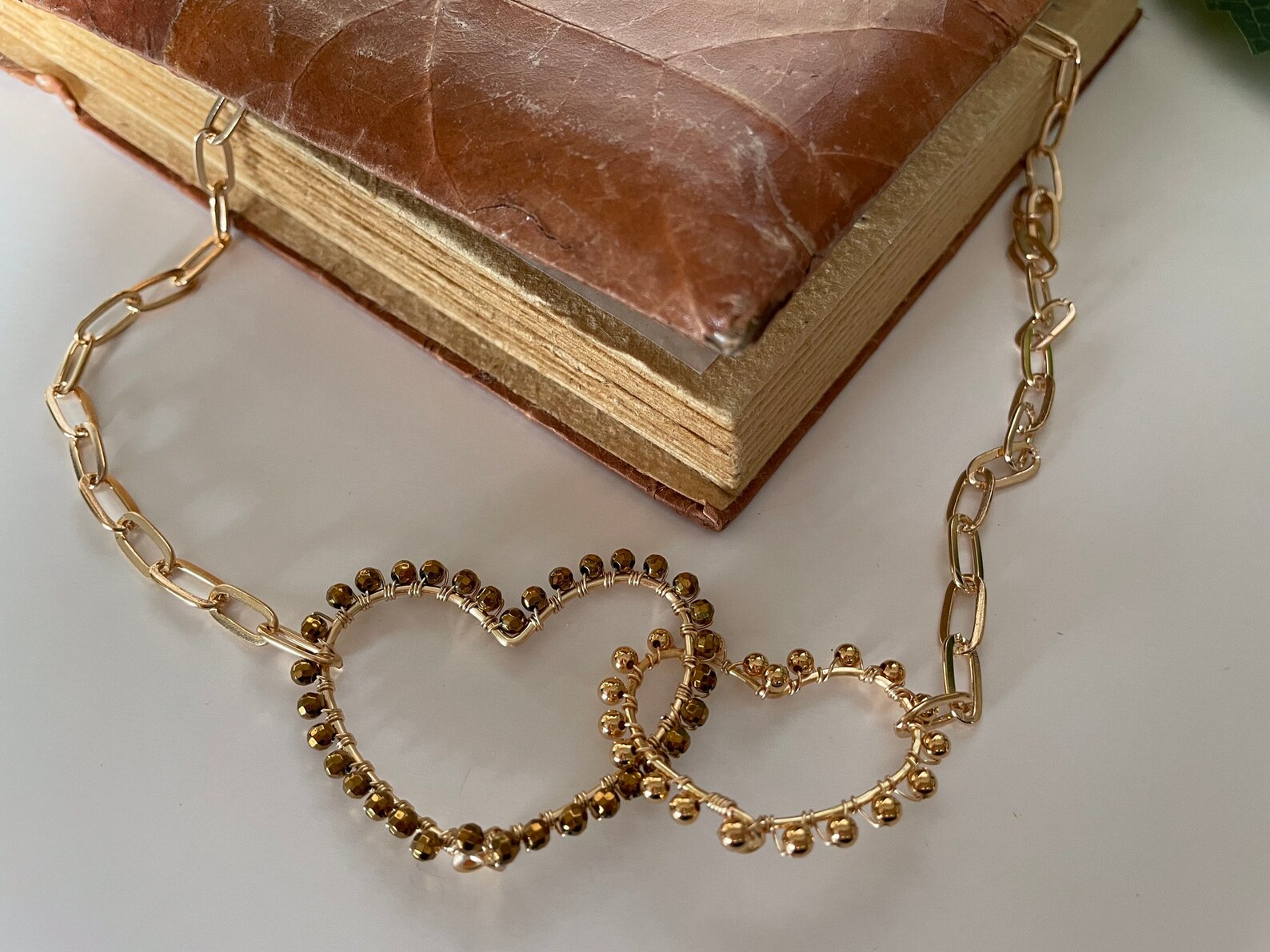 Two Heart Link Paperclip Necklace, Hematite, Gold Bead, Heart Pendant ...