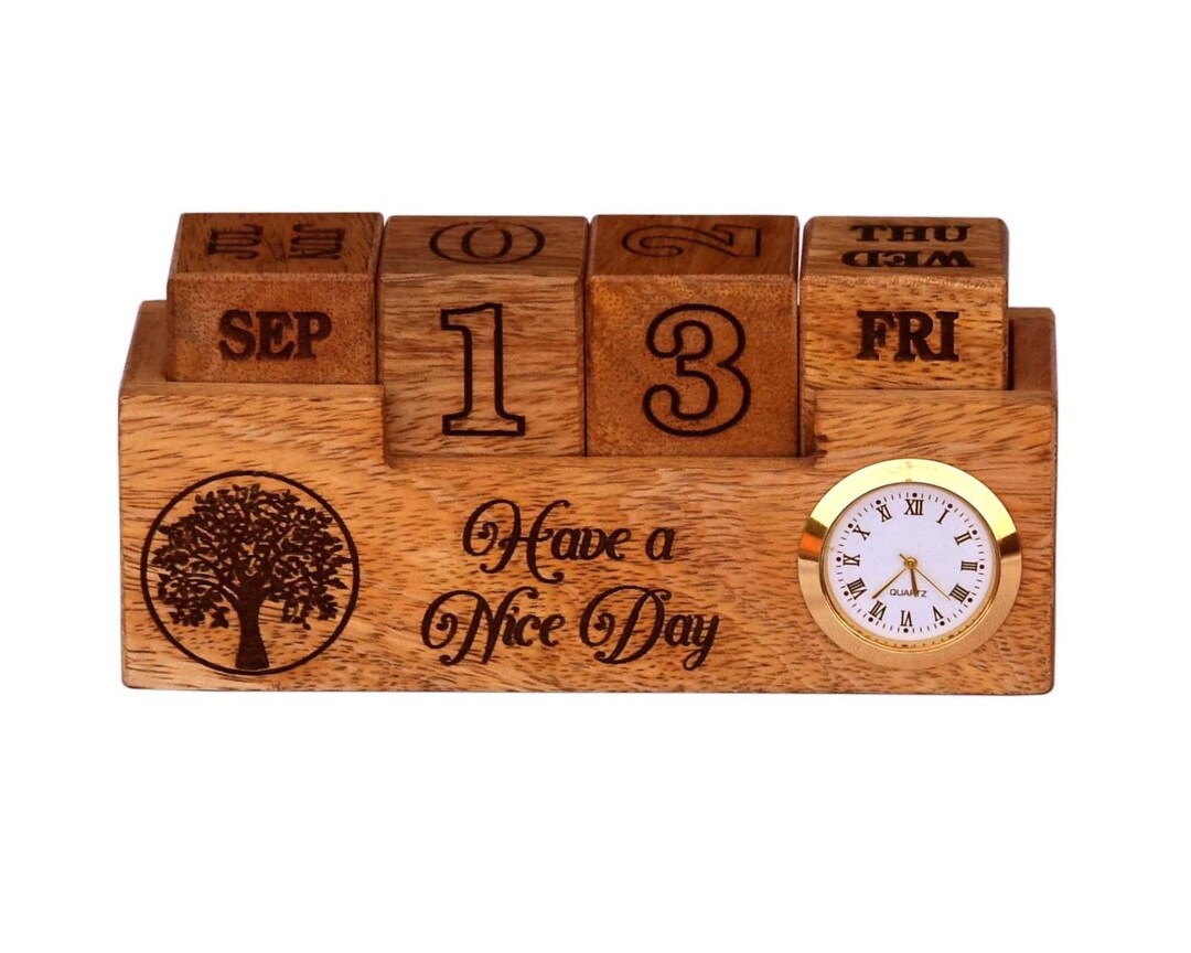 Engraved Mango Wood Perpetual Calendar With Clock: Rustic Desk Decor - Etsy