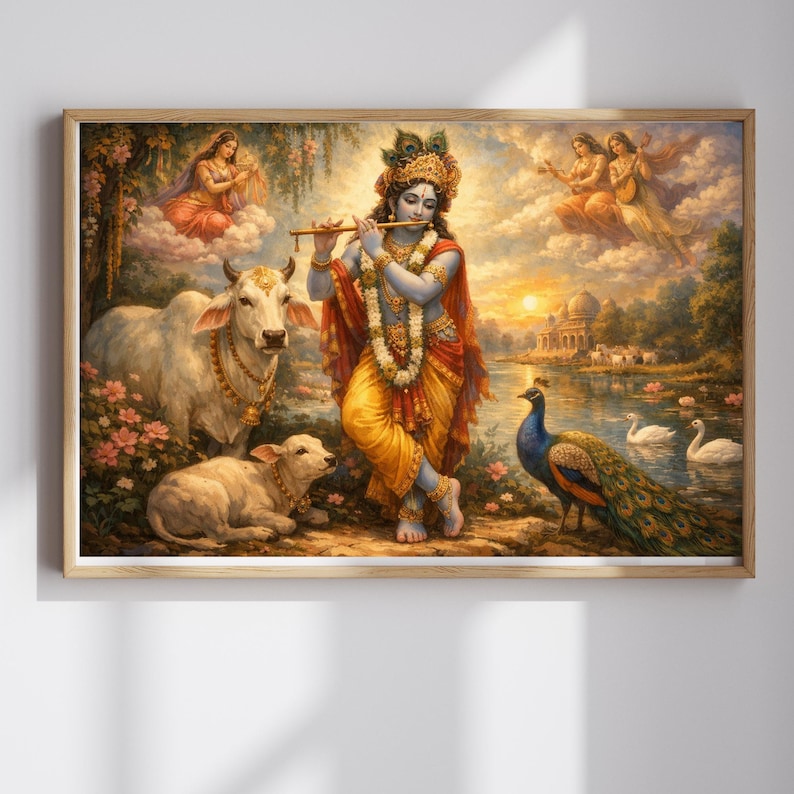 Lord Krishna With Flute Print, Hindu God, Indian Folk Art, Spiritual ...