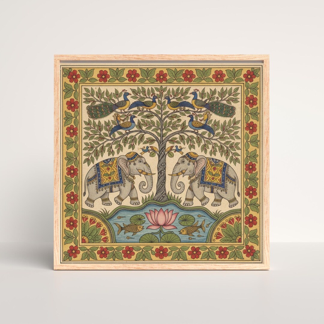 Madhubani Elephant & Peacock Tree of Life, Vintage Folk Art, Indian Wall Decor, Digital Art - Etsy