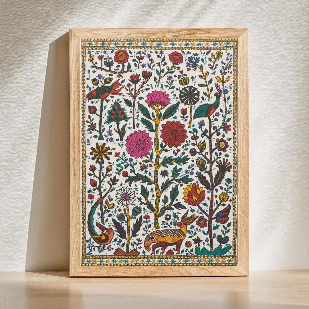 Madhubani Floral Art, Indian Folk Decor, Peacock Print, Traditional ...