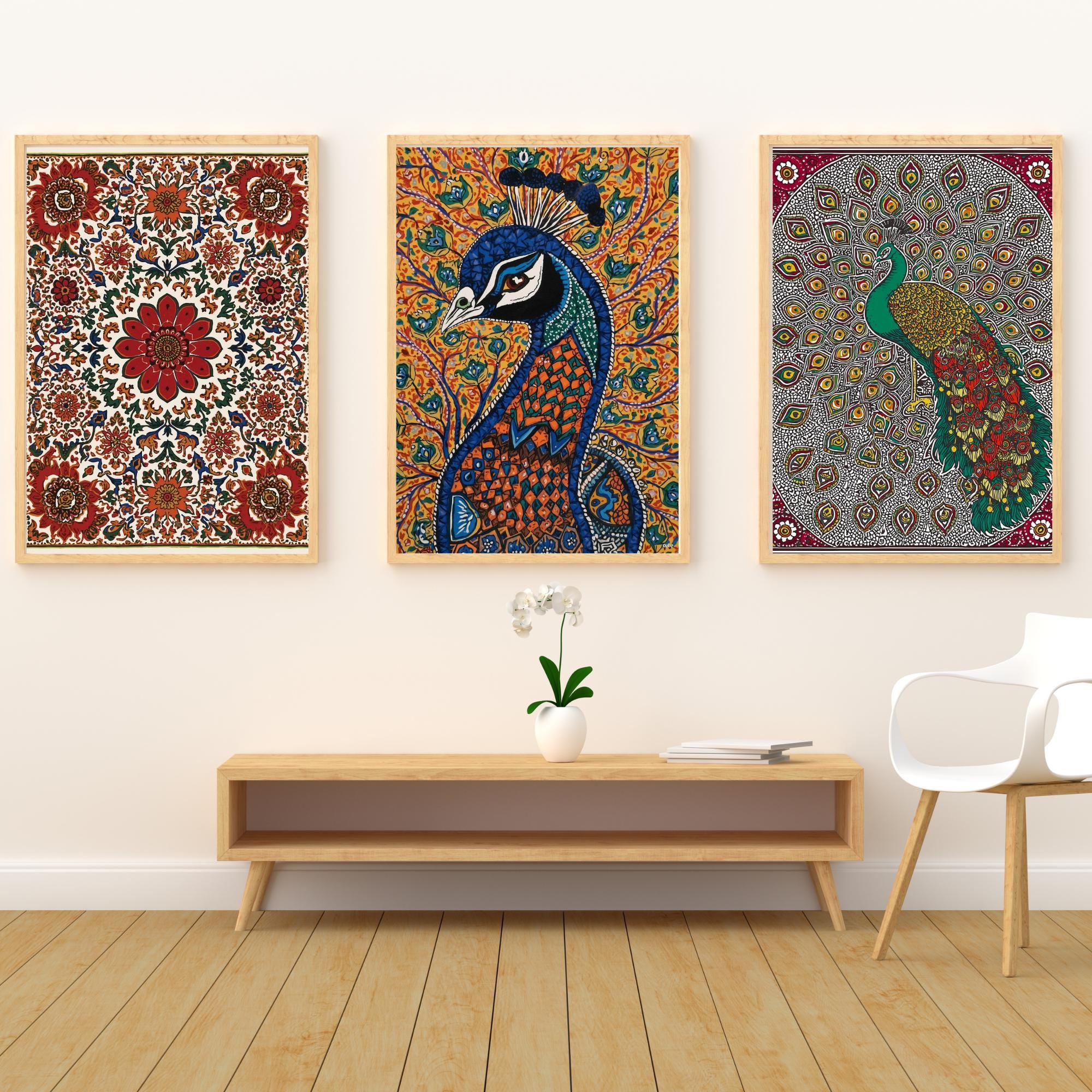 Madhubani Floral Art, Indian Folk Decor, Peacock Print, Traditional ...