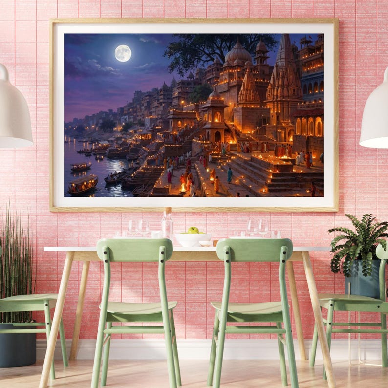 India Vibrant Varanasi Painting, Indian Folk Art, Light River Scene ...