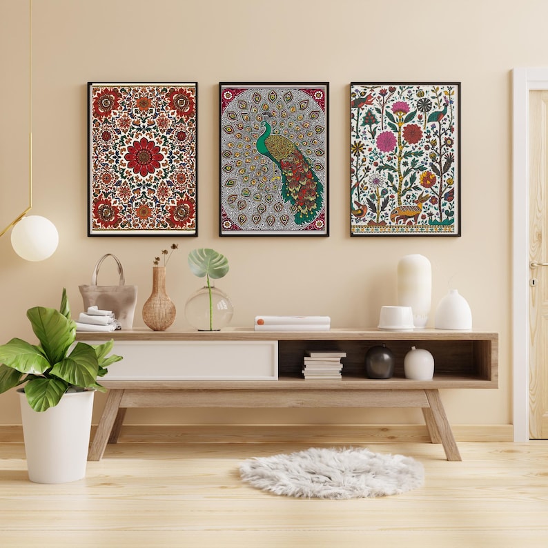 Madhubani Floral Art, Indian Folk Decor, Peacock Print, Traditional ...