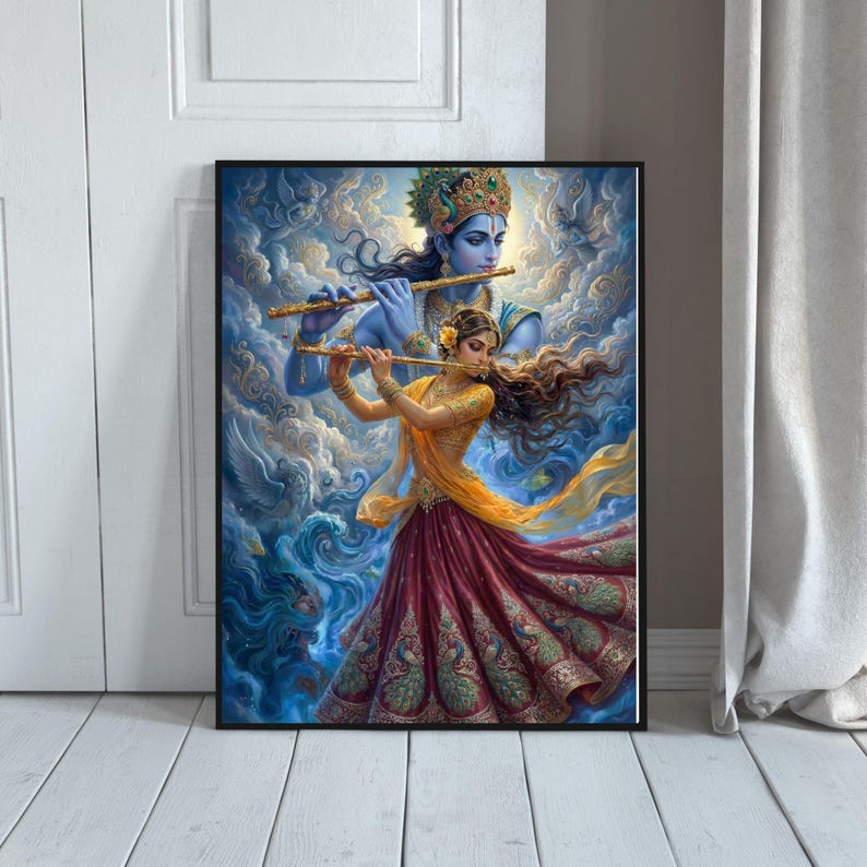Krishna and Radha With Flute Spiritual Art Print, Hindu God, Yoga ...
