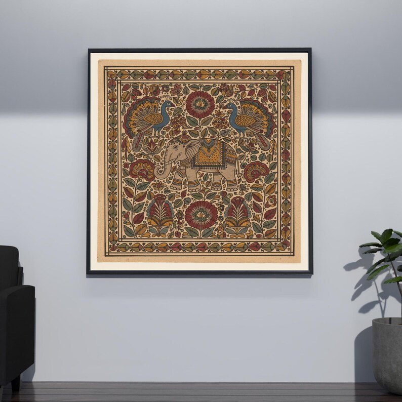 Madhubani Elephant Tree of Life Wall Art, Indian Folk Art, Vintage ...