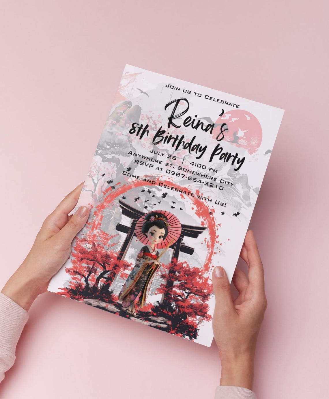Geisha Birthday Invitation | Japanese Theme Girl Birthday Party Invite ...