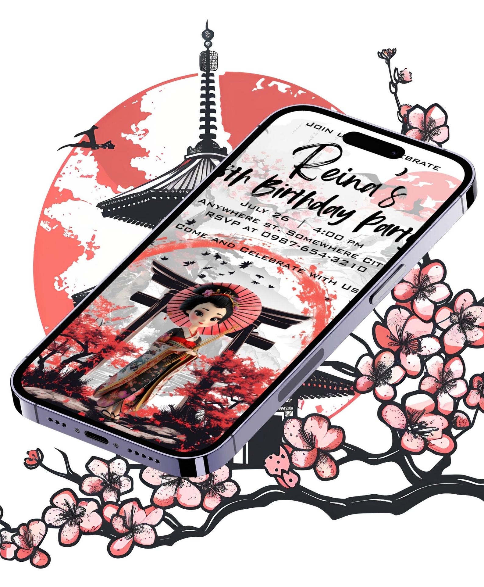 Geisha Birthday Invitation | Japanese Theme Girl Birthday Party Invite ...