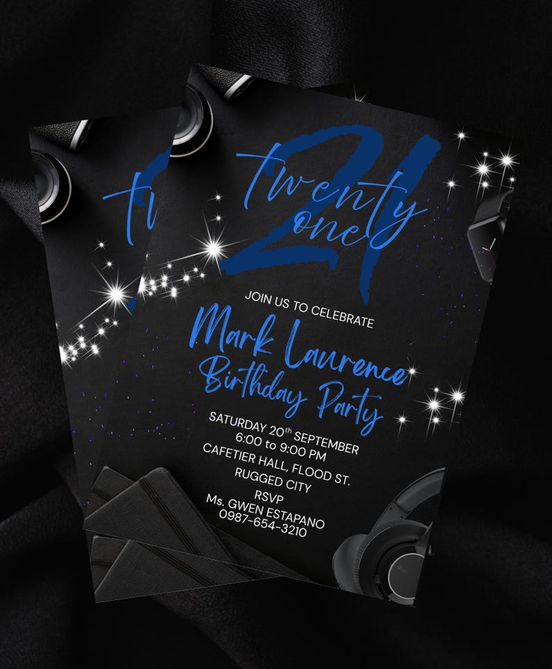 Modern 21st Birthday Invitation | Black & Blue Theme | Canva Editable ...