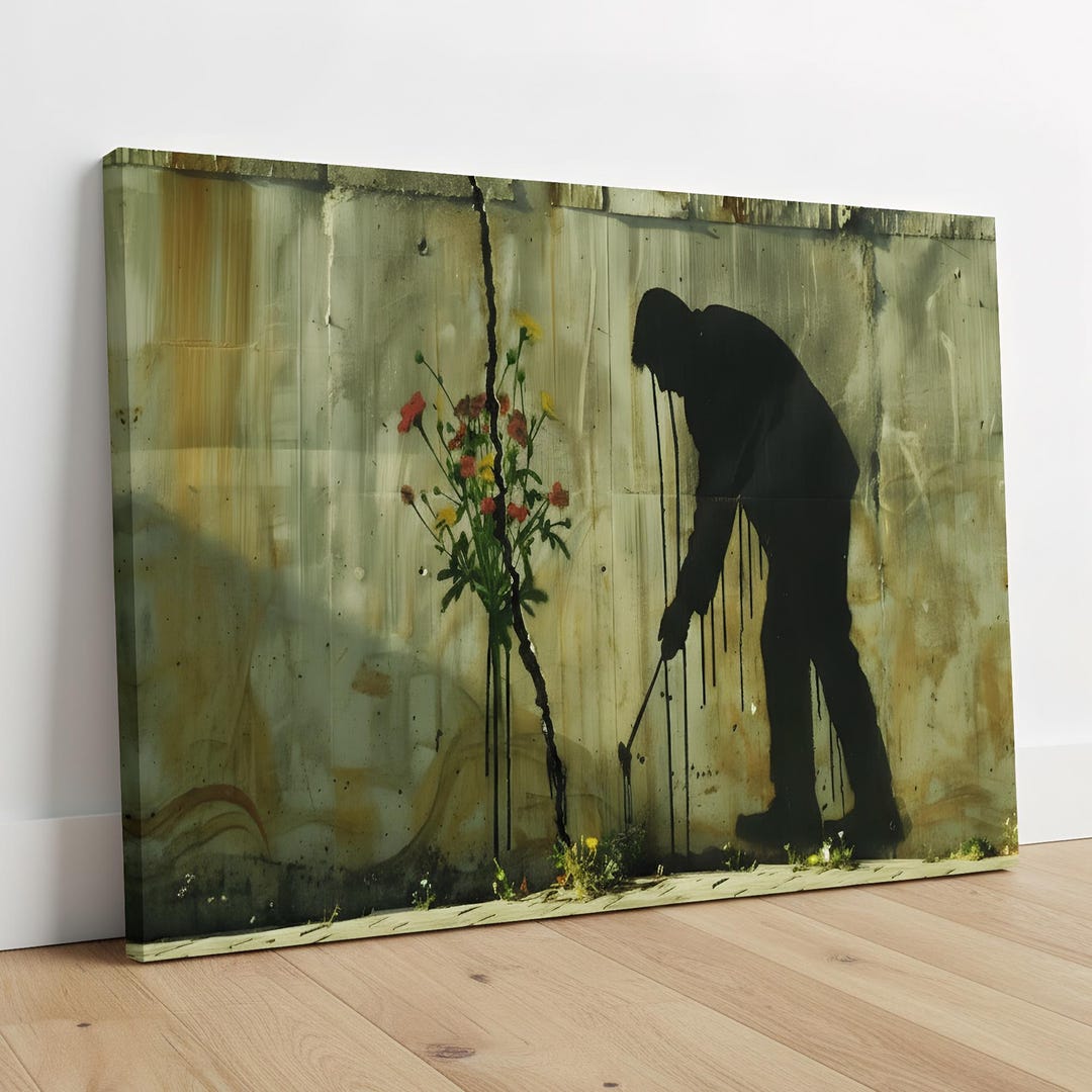 Banksy-style Man Painting Flower in Crack Graffiti Canvas Art, Hope ...