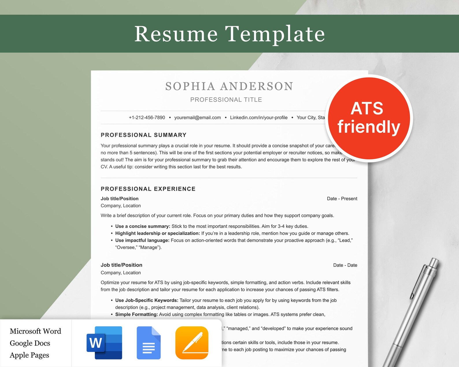ATS Friendly Resume Template Word, Google Docs, Pages, ATS Resume ...