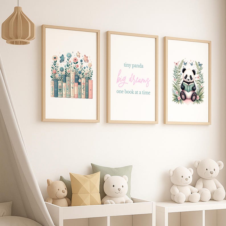 Panda Wall Art Set, Reading Panda, Book Stack, Affirmation Prints, Kids ...