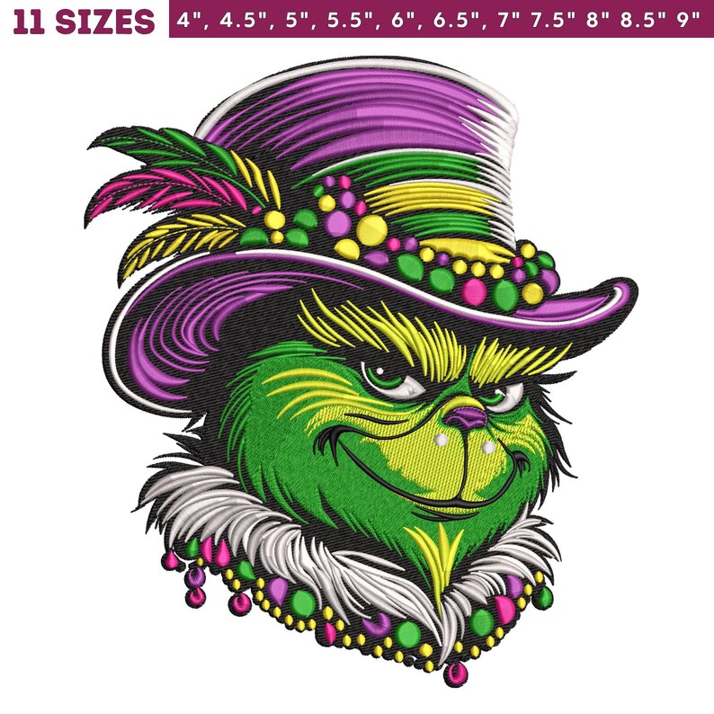 Grinch Embroidery Design, Mardi Gras Grinch Embroidery Design | Green ...