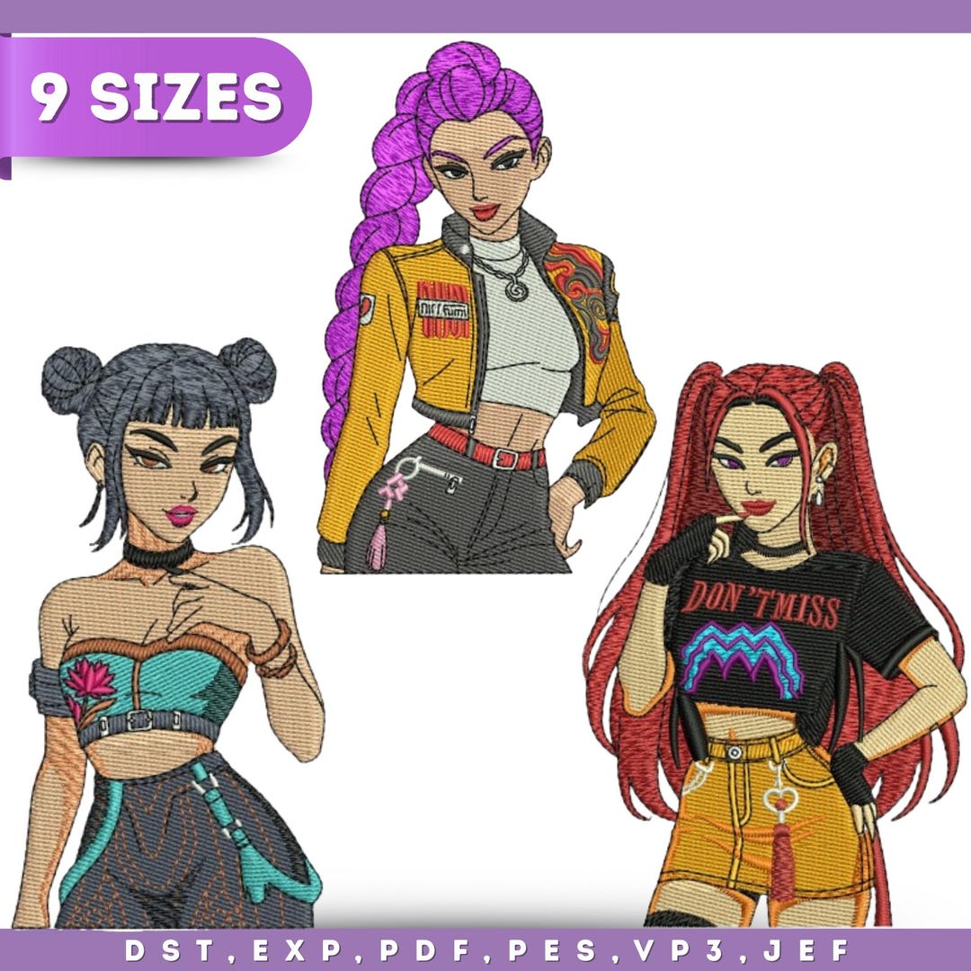 Huntrix Girls Embroidery Design, Kpop Demon Hunters, Anime Embroidery ...