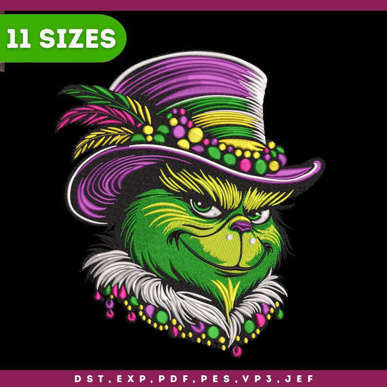 Grinch Embroidery Design, Mardi Gras Grinch Embroidery Design | Green ...