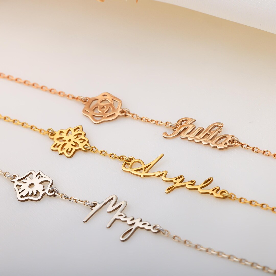Multiple Fonts Options Custom Name Bracelet With Birth Flower, Dainty ...