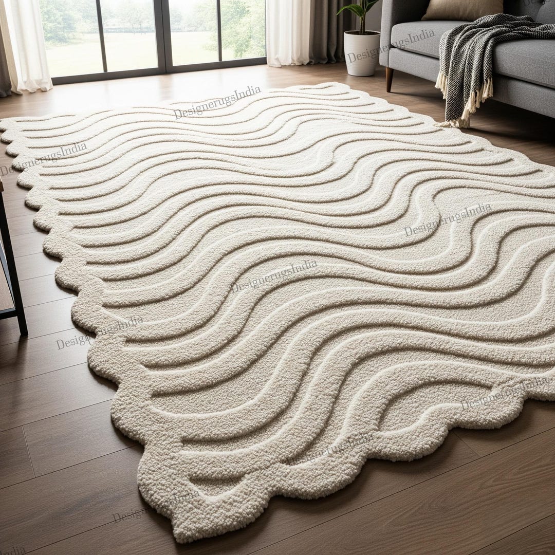 Off White Wavy Layered Scalloped Border Hand Tufted Wool Rugs, Modern ...