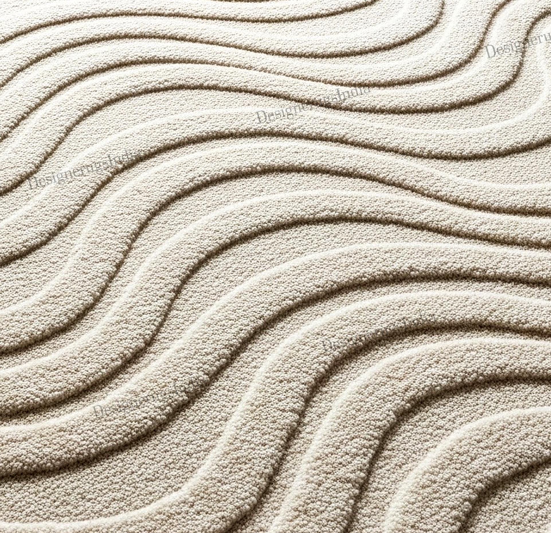 Off White Wavy Layered Scalloped Border Hand Tufted Wool Rugs, Modern ...