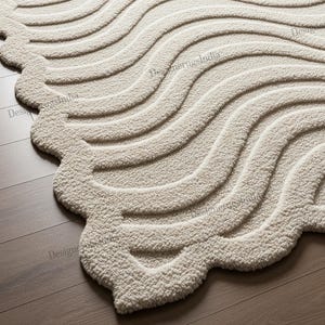 Off White Wavy Layered Scalloped Border Hand Tufted Wool Rugs, Modern ...