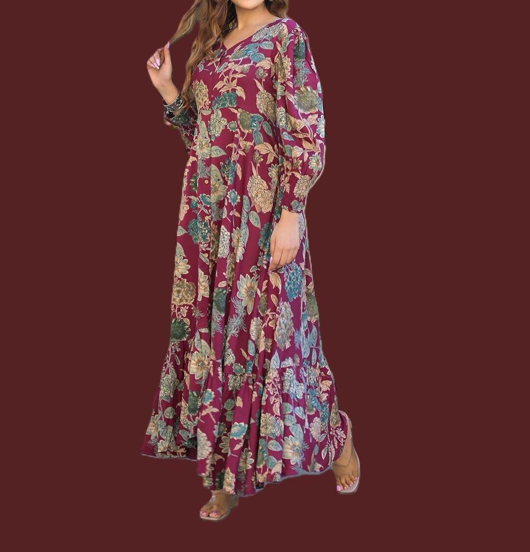 XS-7XL Floral Print Puff Sleeve Fit Flare Maxi Dress Salwar Suit Plus ...