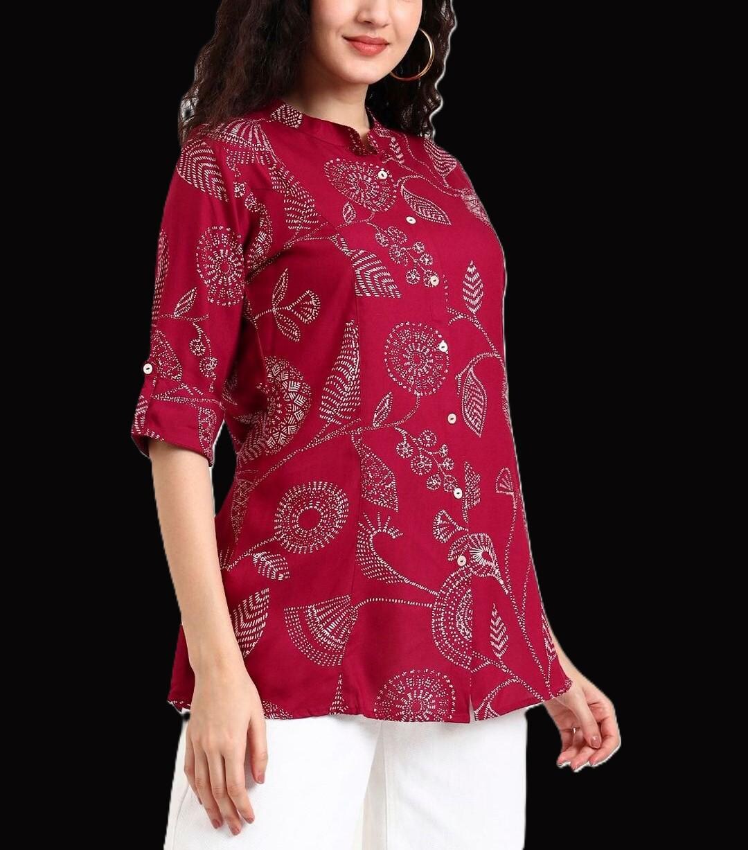 Red Floral Print Top: Mandarin Collar Roll-up Sleeve Viscose Rayon - Etsy