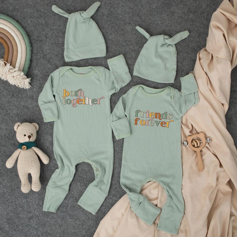 Twin Baby Outfit Set, Matching Newborn Bodysuit and Hats, Personalized ...