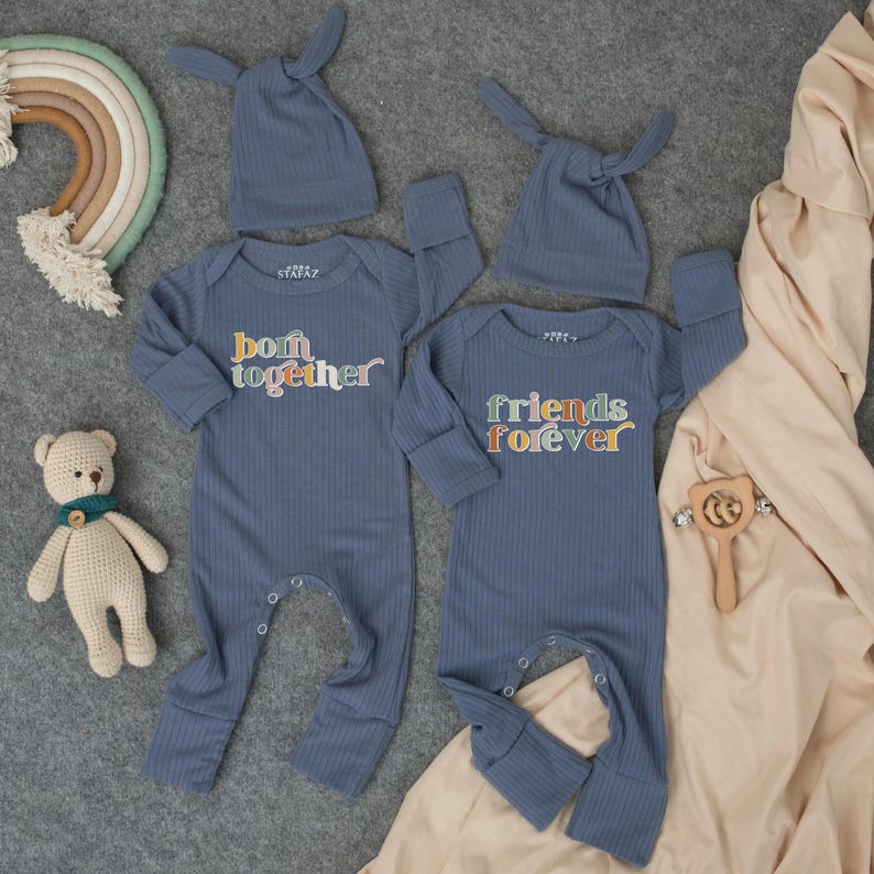 Twin Baby Outfit Set, Matching Newborn Bodysuit and Hats, Personalized ...