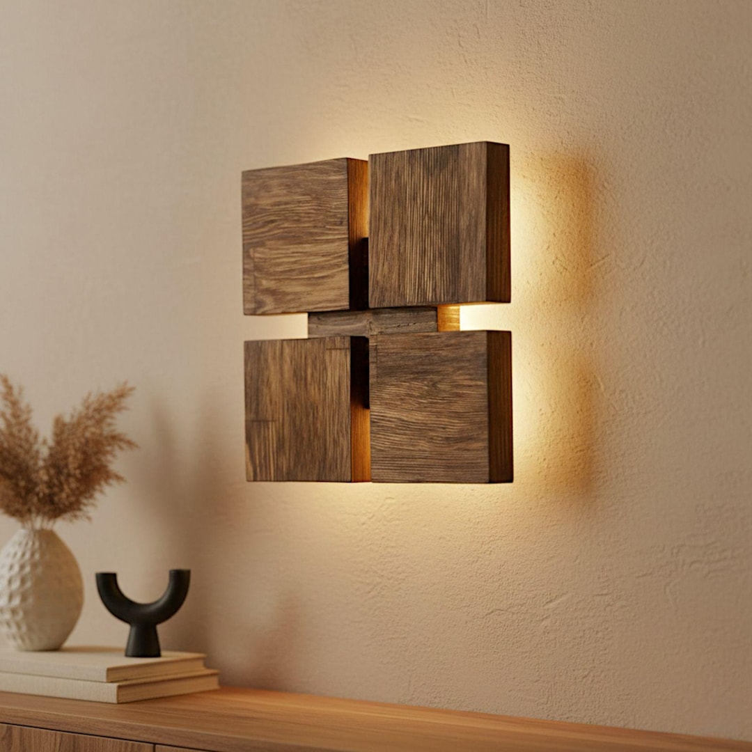 Handmade Wooden Wall Sconce – Rustic Modern LED Light, Distressed ...