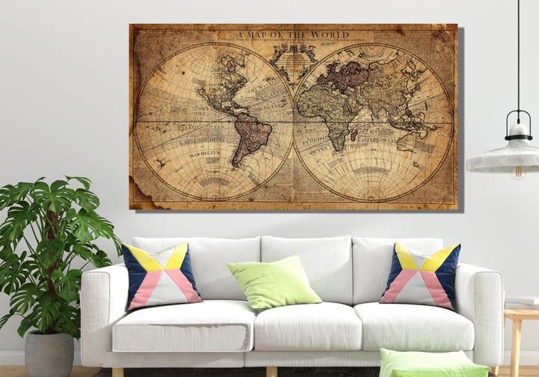 Old Map Canvas, Map Wall Art, Office Wall Decor, Gift for Workspace ...