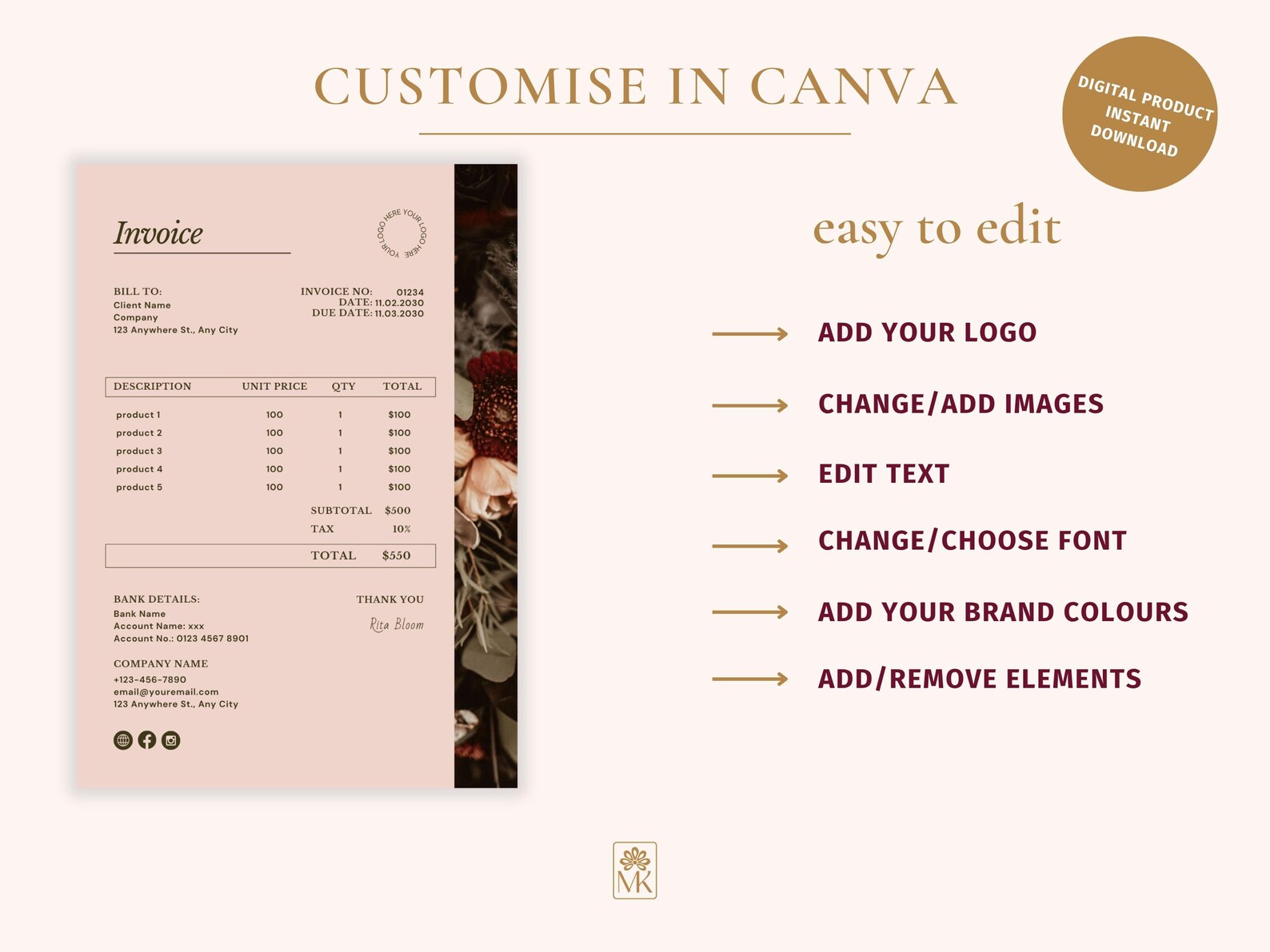 Luxe Florist Invoice Template, Elegant Invoice Florist, Florist Invoice ...