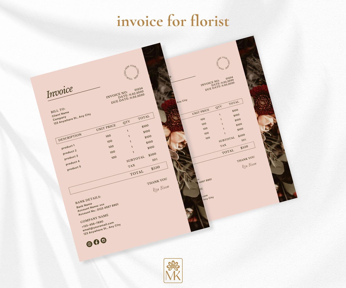 Luxe Florist Invoice Template, Elegant Invoice Florist, Florist Invoice ...