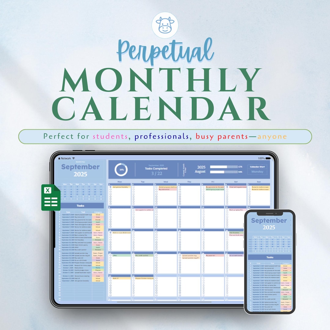 Perpetual Monthly Calendar Template: Auto-updating Digital Planner ...