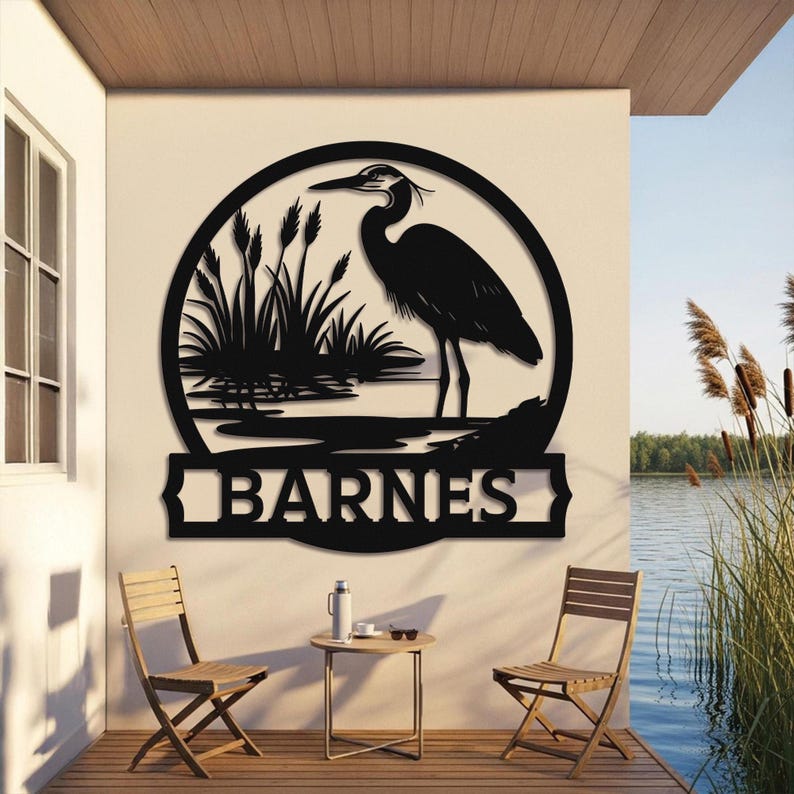 Personalized Blue Heron Metal Sign, Family Name Lake House Decor - Etsy