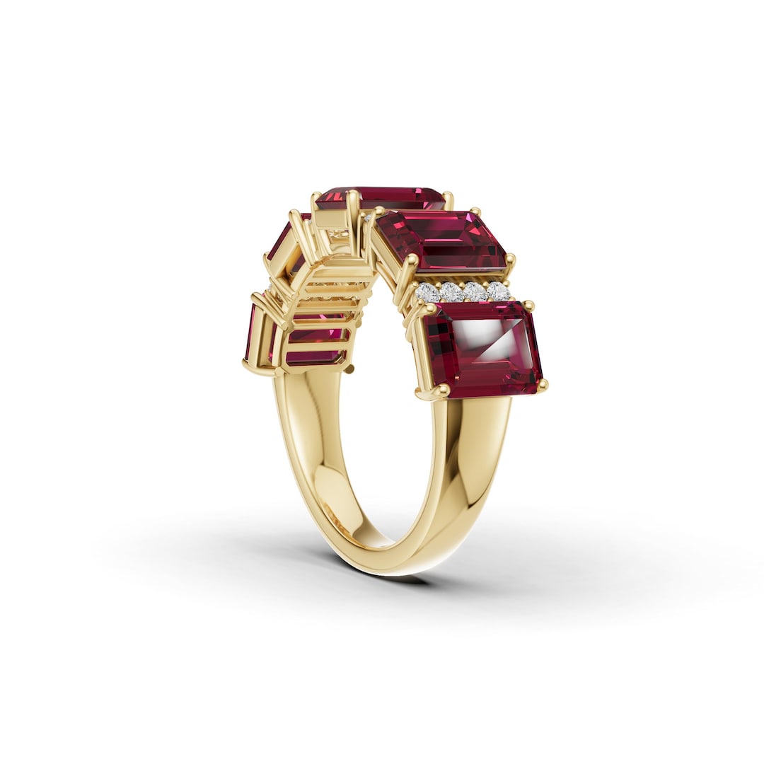 Ruby Ring, Five Stone Emerald Cut Ruby Ring, July Birthstone Ring, Red ...