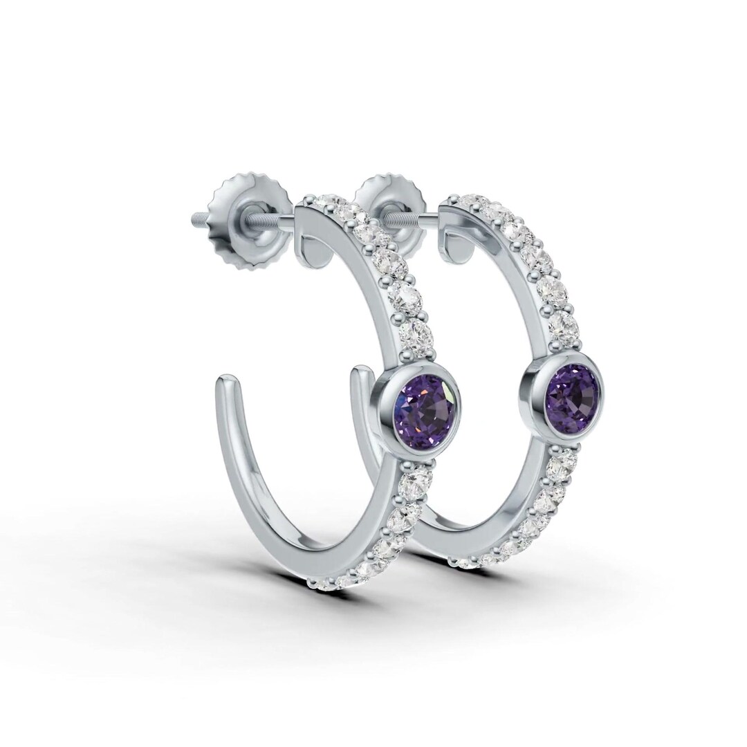 Modern Amethyst and Moissanite Bezel Set Hoop Earrings, 925 Sterling ...