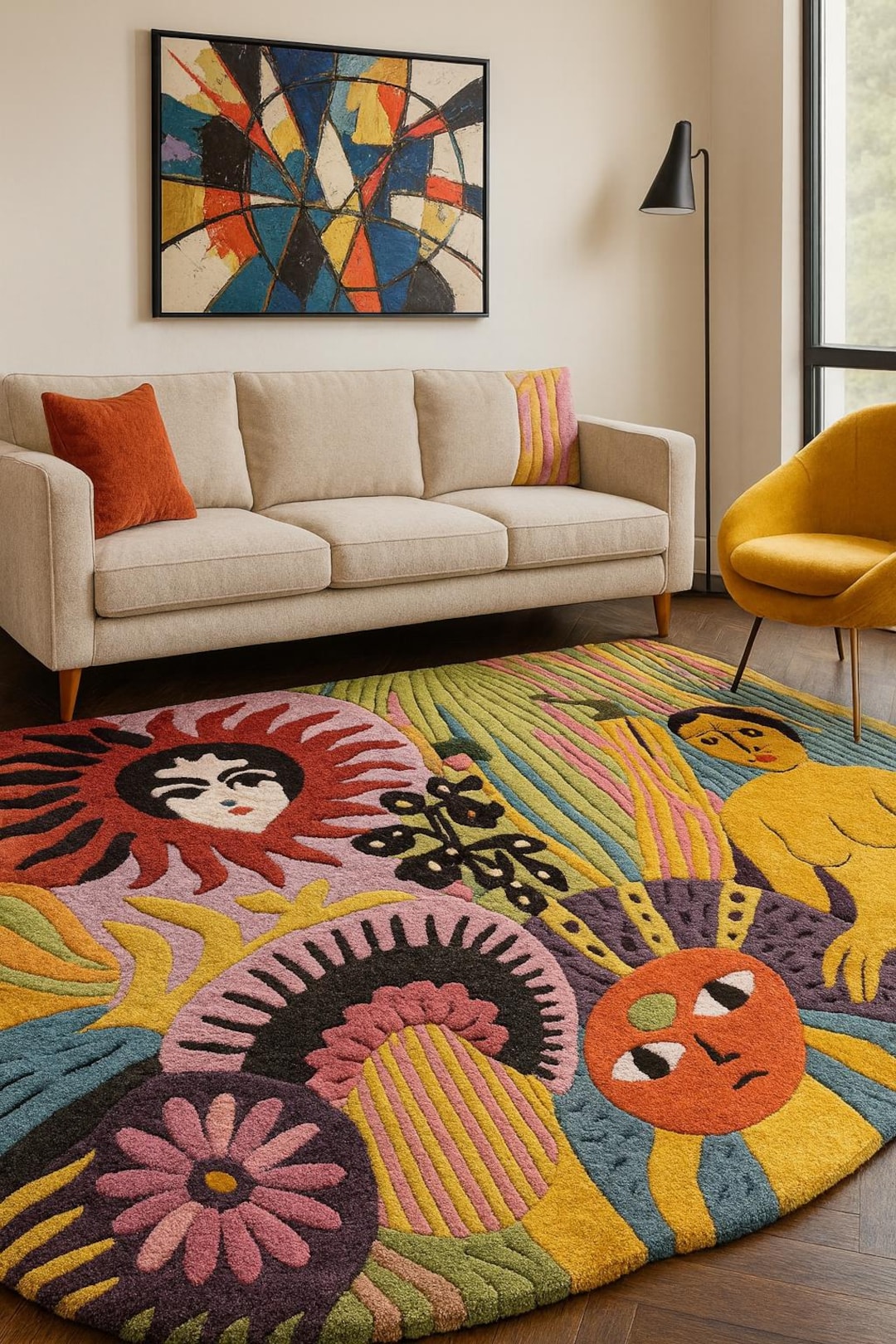Tufted Sun Goddess Art Rug – Colorful Boho Statement Carpet 8x10 Feet ...