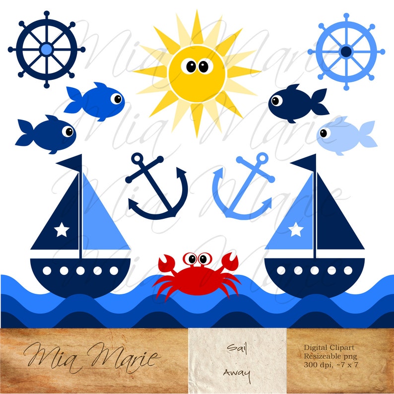 INSTANT DOWNLOAD Digital Clip Art Sailboat Clipart, Boat Clip Art, Fish ...