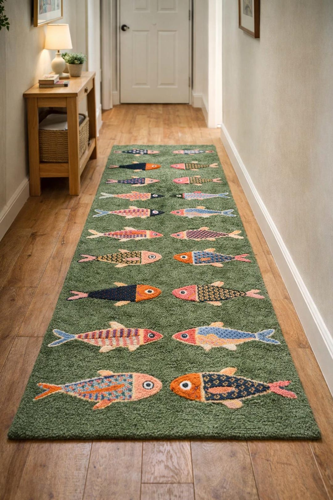 Handmade Fish Runner Rug | Wool Hallway Carpet | Green Folk Art Runner ...