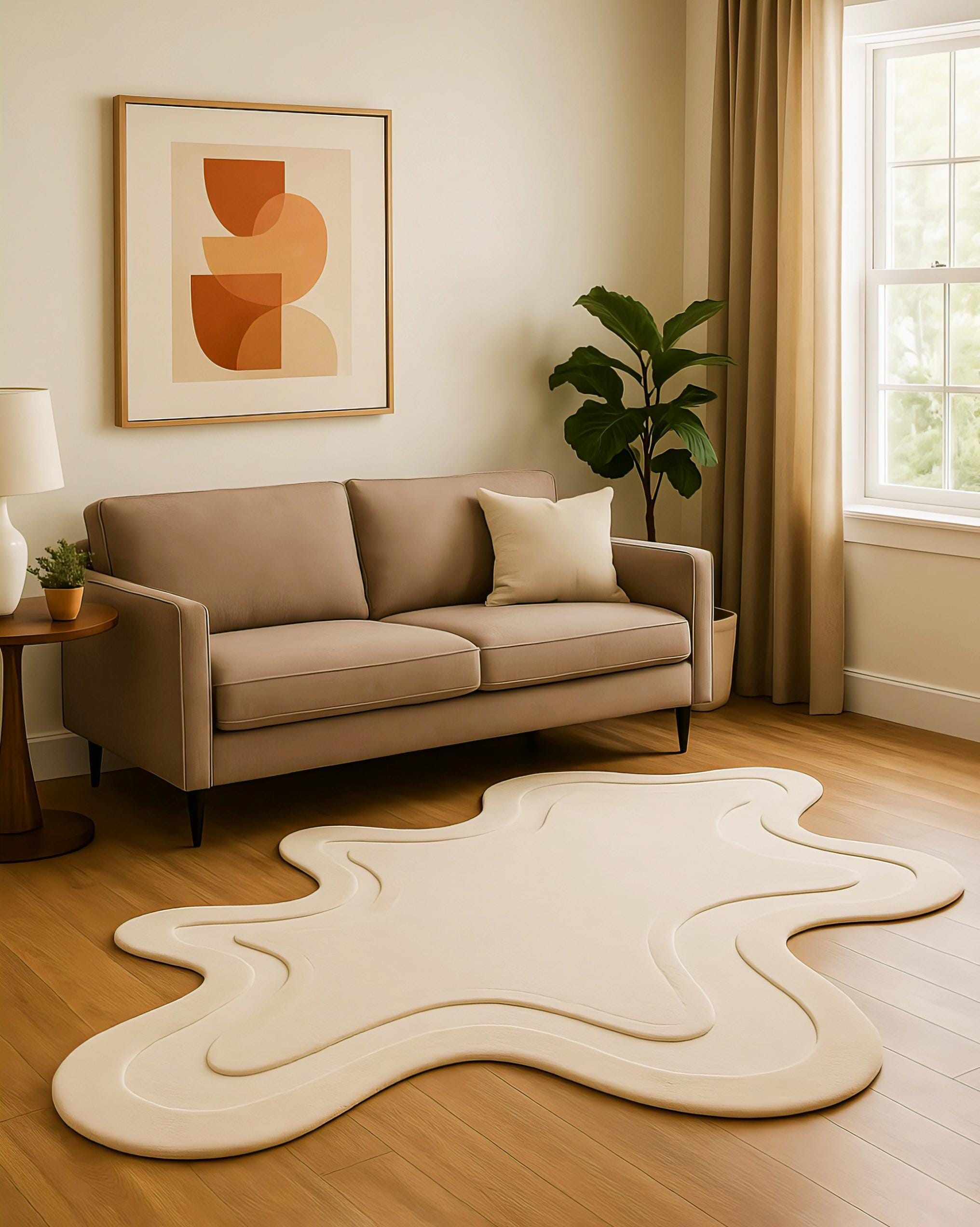 Cream Irregular Rug: Modern Wave Design, Minimalist Carpet - Etsy