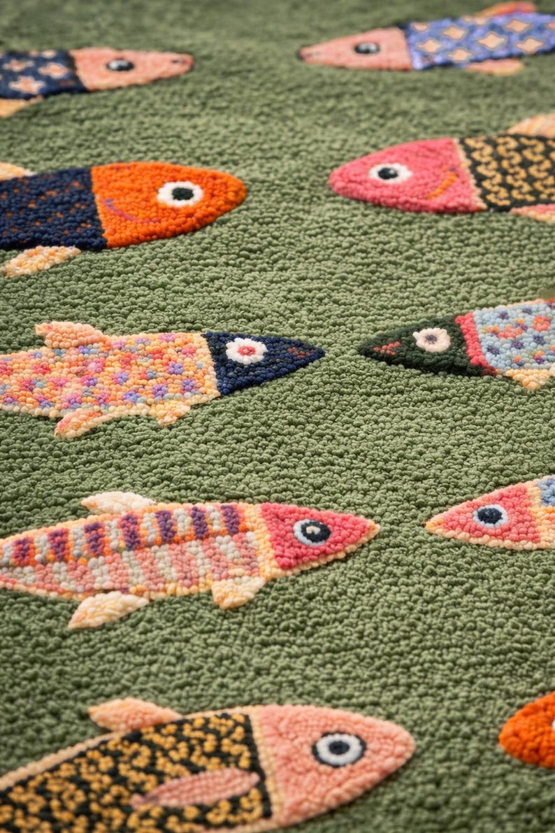 Handmade Fish Runner Rug | Wool Hallway Carpet | Green Folk Art Runner ...