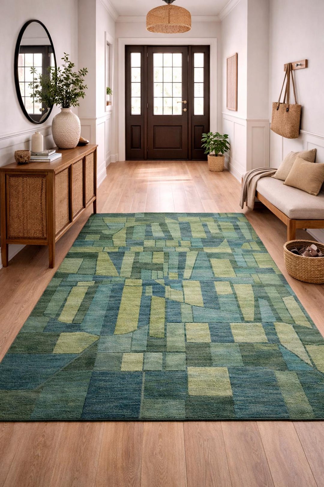 Green Blue Abstract Area Rug, Modern Geometric Rug for Living Room ...