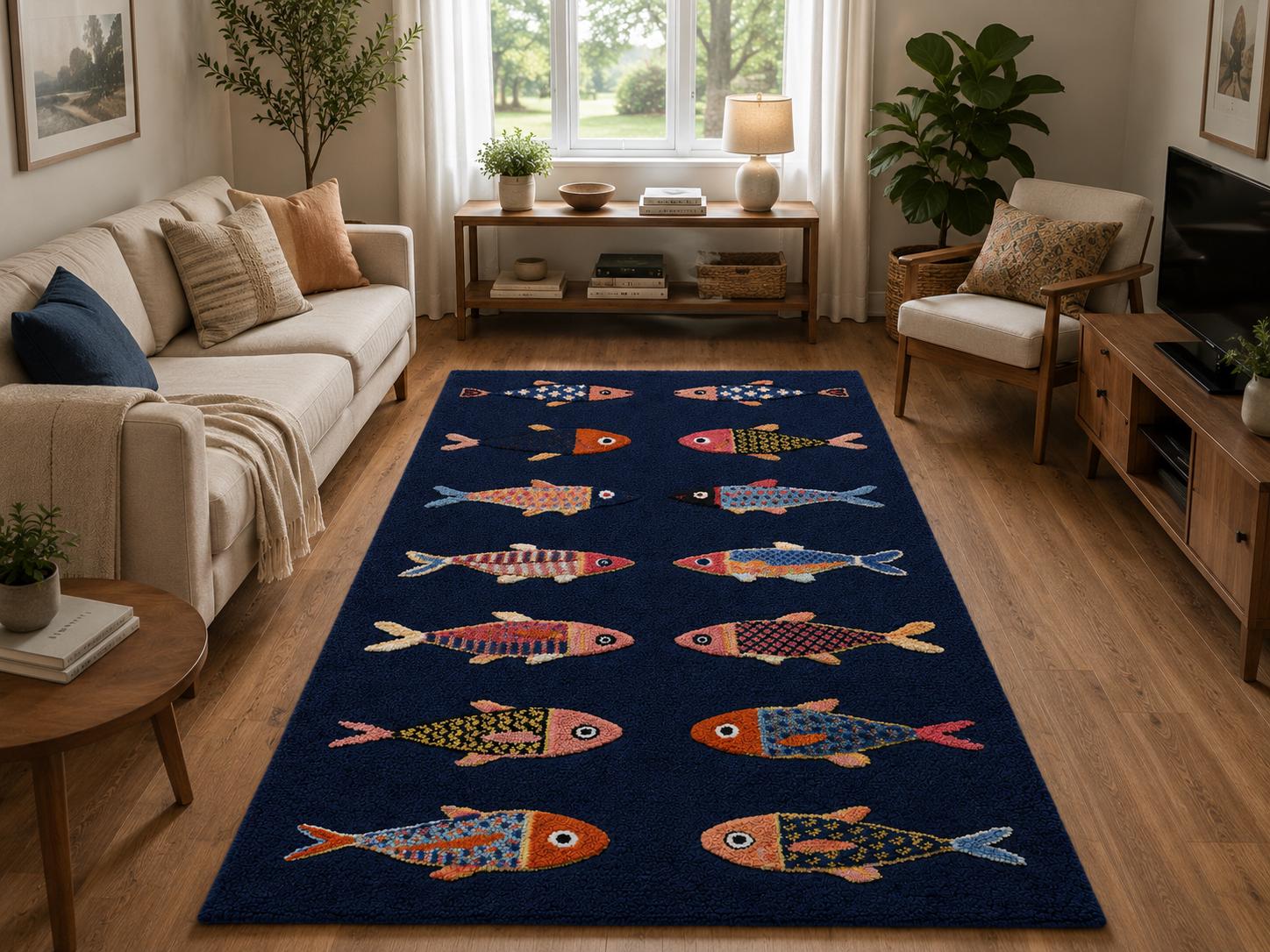 Handmade Fish Runner Rug | Wool Hallway Carpet | Green Folk Art Runner ...